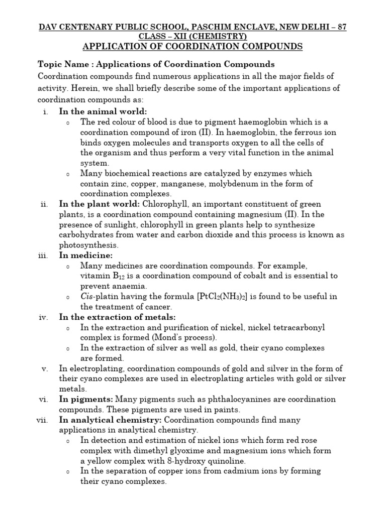 Applications of Coordination Compounds | PDF | Coordination Complex ...