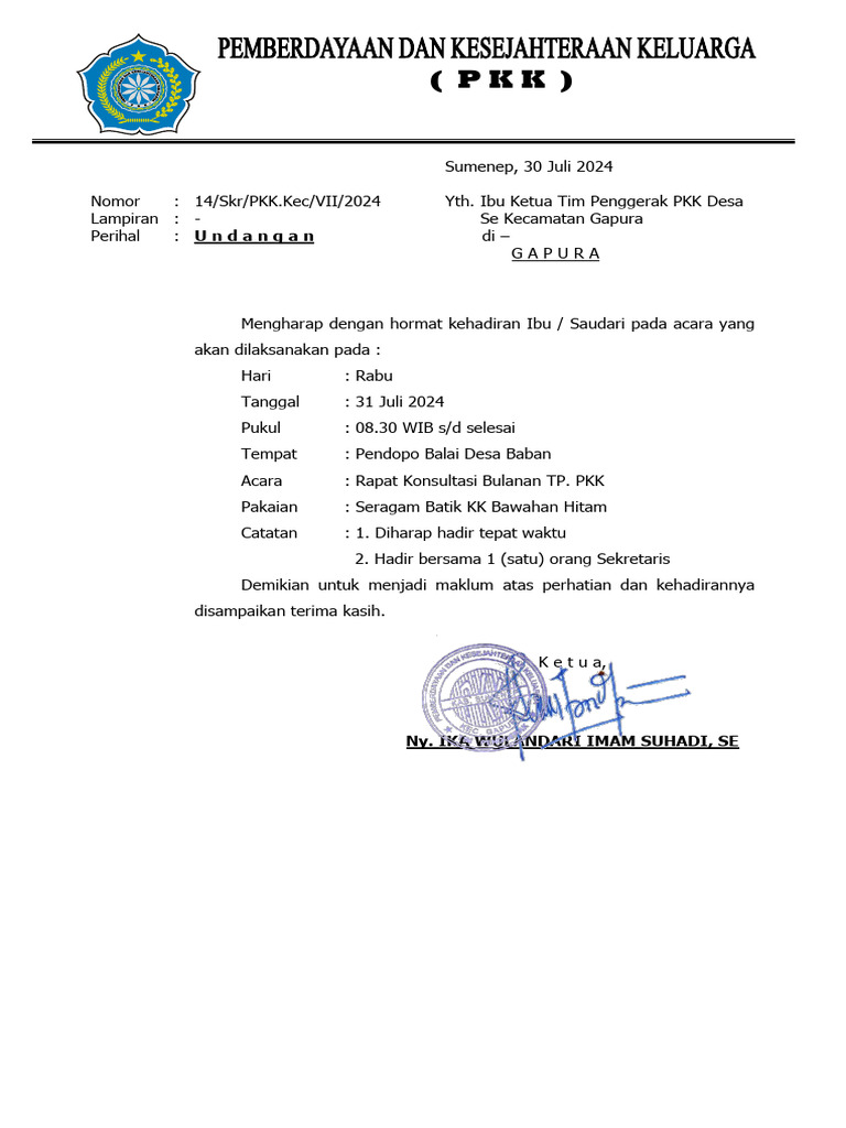 Surat Rakon PKK Juli 2024-Fix | PDF