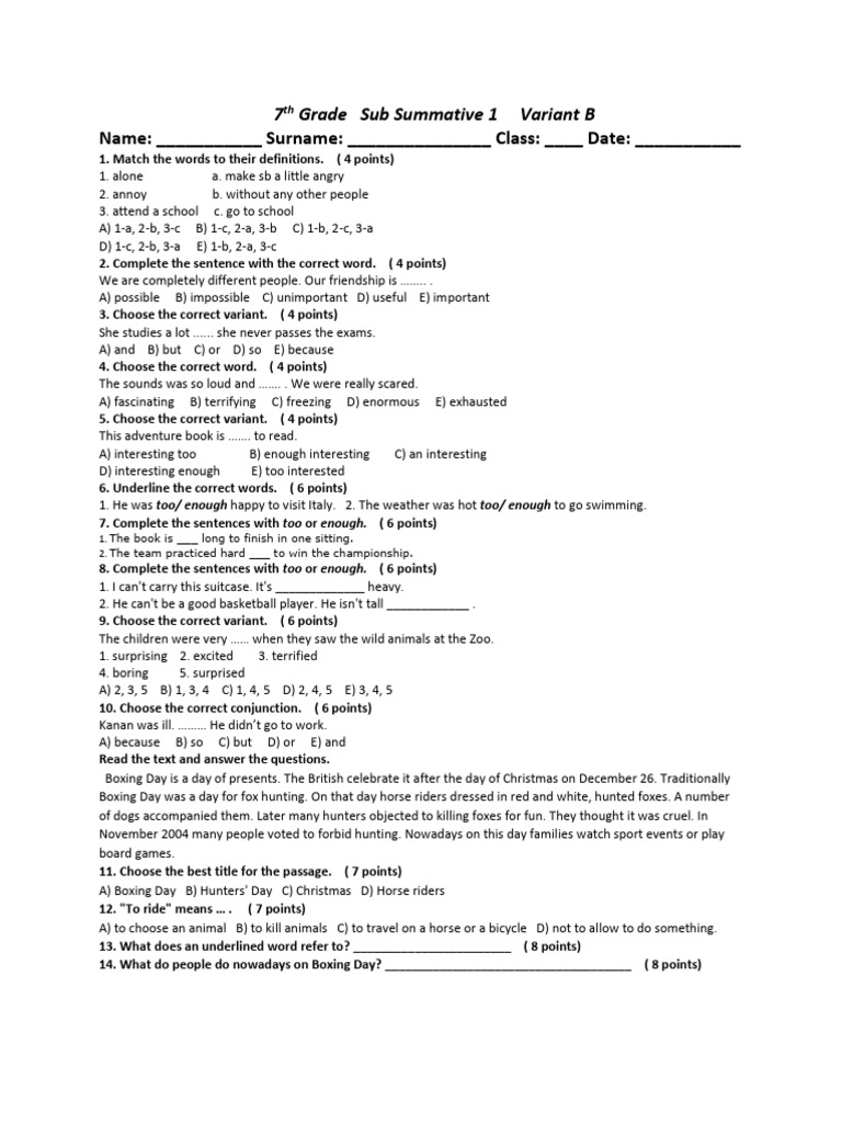 7th Grade Sub Summative 1 Variant B | PDF | Hunting