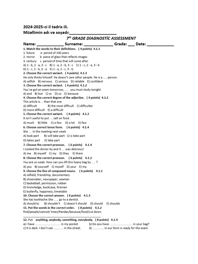 7th Grade Diagnostic Assessment Tests | PDF | Linguistics | Linguistic ...