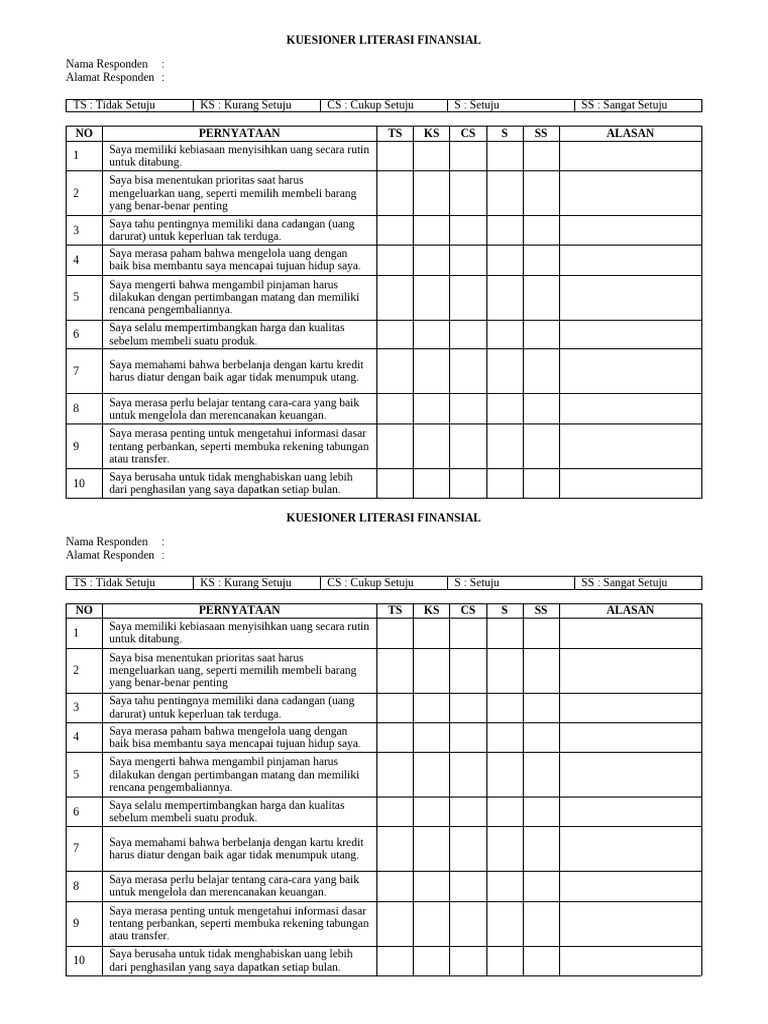 Kuesioner Literasi Finansial | PDF