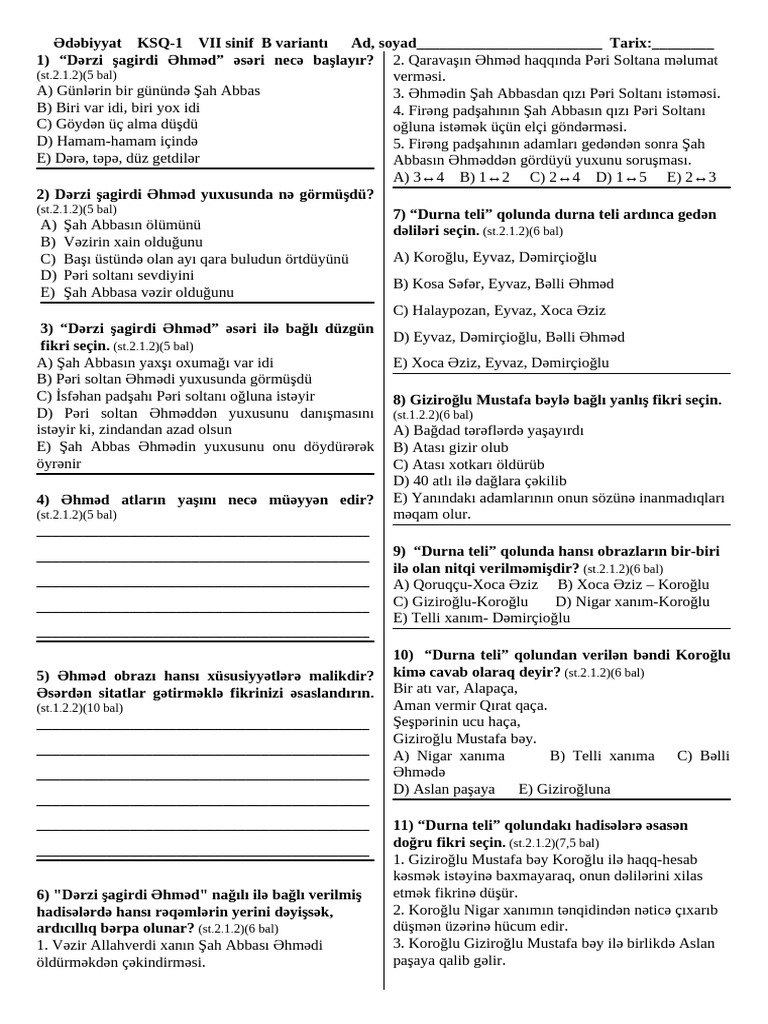 Ədəbiyyat VII Sinif KSQ-1 B Variantı 2024-2025 | PDF