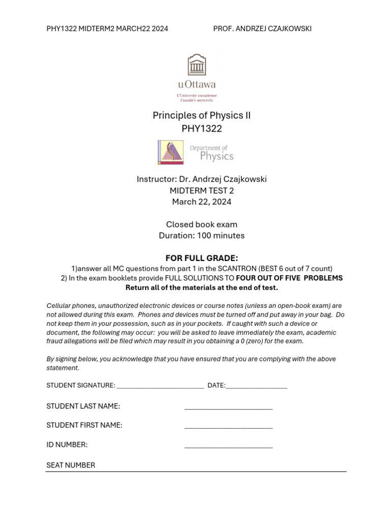 PHY1322 M2 B WINTER2024 formula sheet | PDF