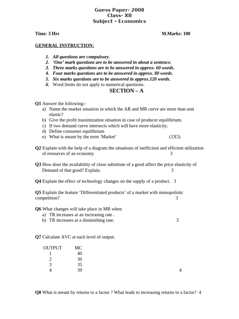 2economics XII Sample Paper 08 | PDF | Demand | Perfect Competition