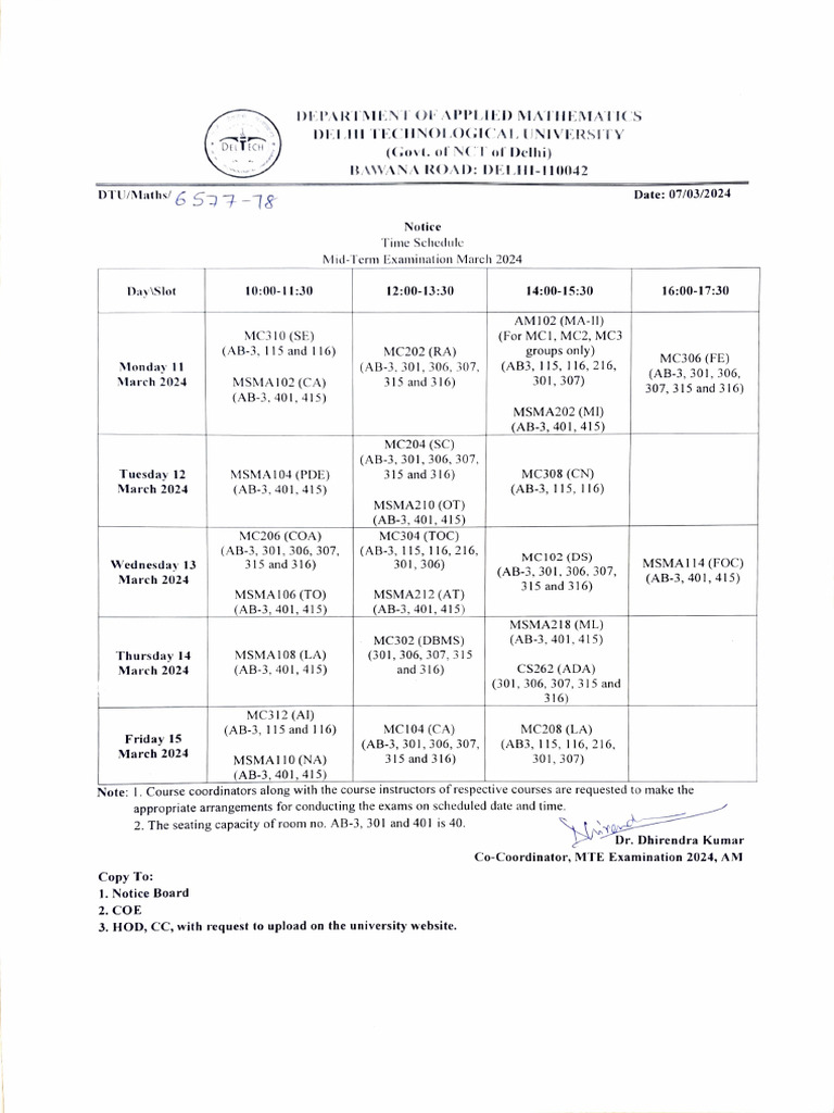 DTU Applied Math Mid-Term Exam Schedule | PDF | Science & Mathematics