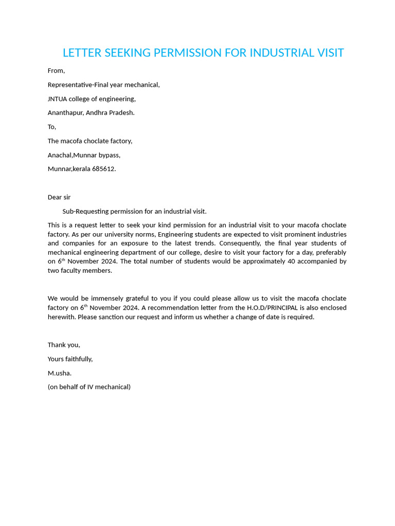 Letter Seeking Permission for Industrial Visit | PDF