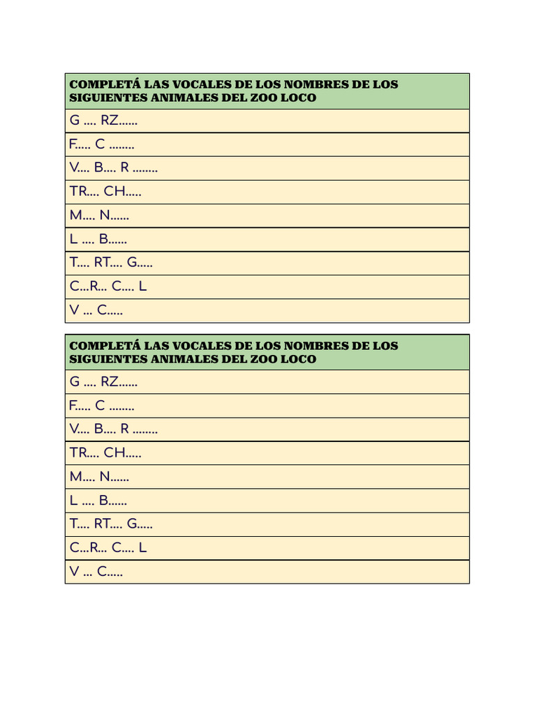 Completá Las Vocales de Los Nombre de Estos Animales | PDF
