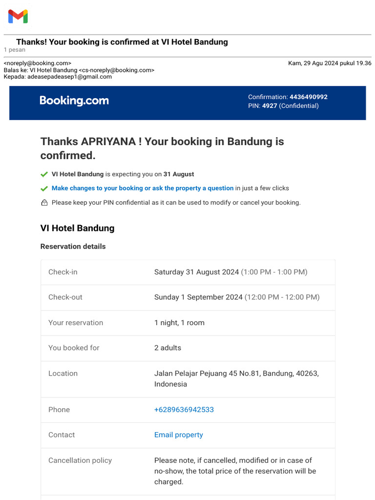 ? Thanks! Your Booking Is Confirmed at VI Hotel Bandung | PDF | Booking ...