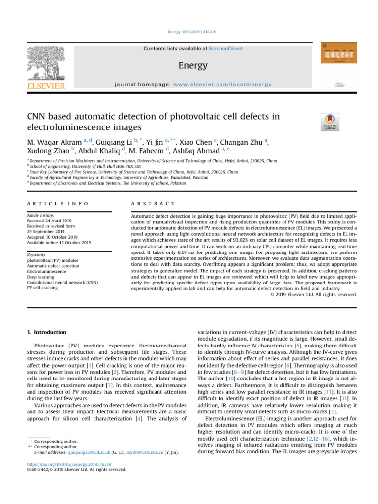 Cnn Based Automatic Detection Of Pv Cell Defects Pdf Applied