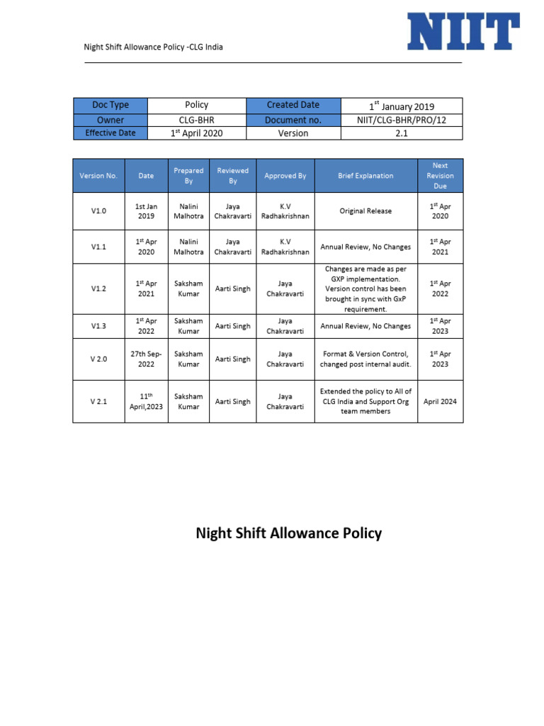 Night Shift Allowance Policy - CLG India | PDF