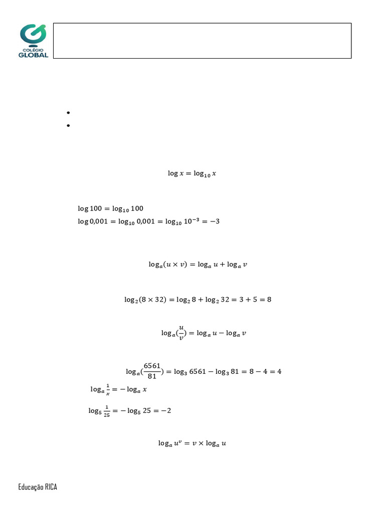 Matemática - Apontamentos e Exercícios Dos Exames (Logaritmo - 10. Classe) | PDF | Logaritmo ...