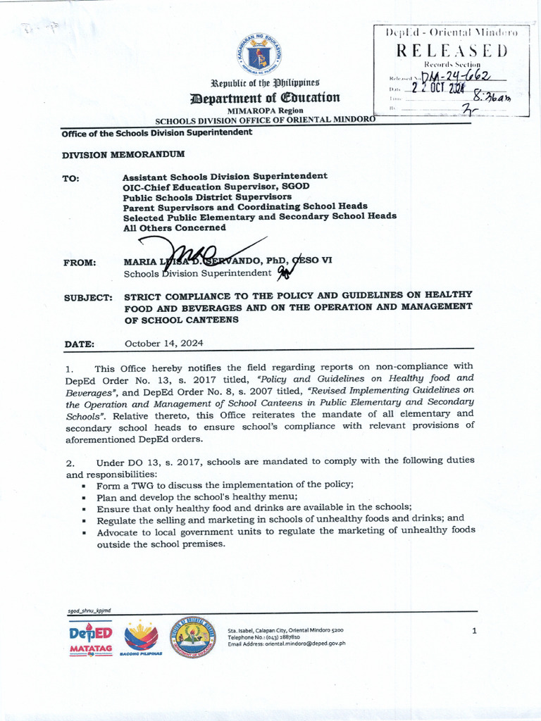 DM Strict Compliance To The Policy Guidelines On Healthy Food and ...