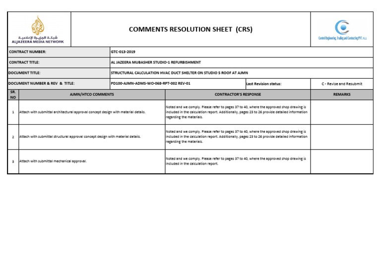 Comments Resolution Sheet (CRS) : C - Revise and Resubmit | PDF ...