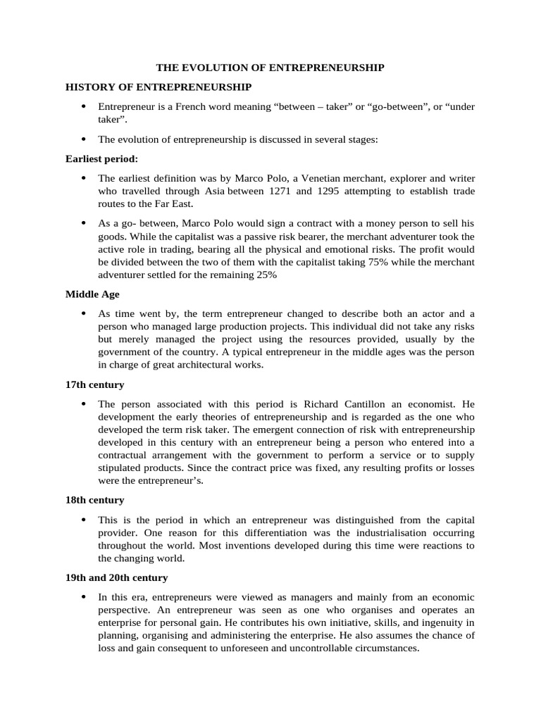 Historical Evolution of Entrepreneurship | PDF | Entrepreneurship ...