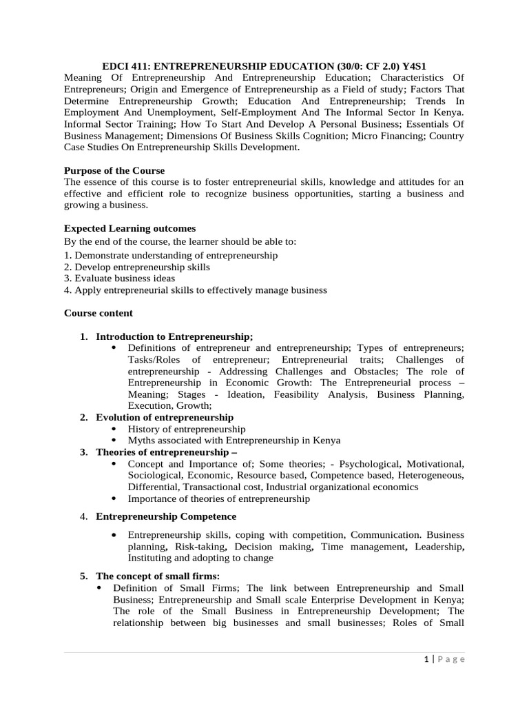 EDCI 411 Course Outline Latest With Notes-1 | PDF | Entrepreneurship ...