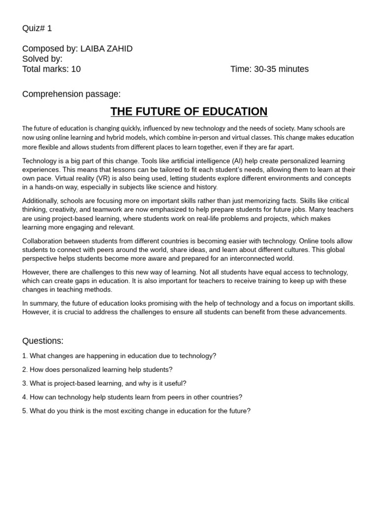 Quiz English Comprehension Passage Laiba-1 | PDF