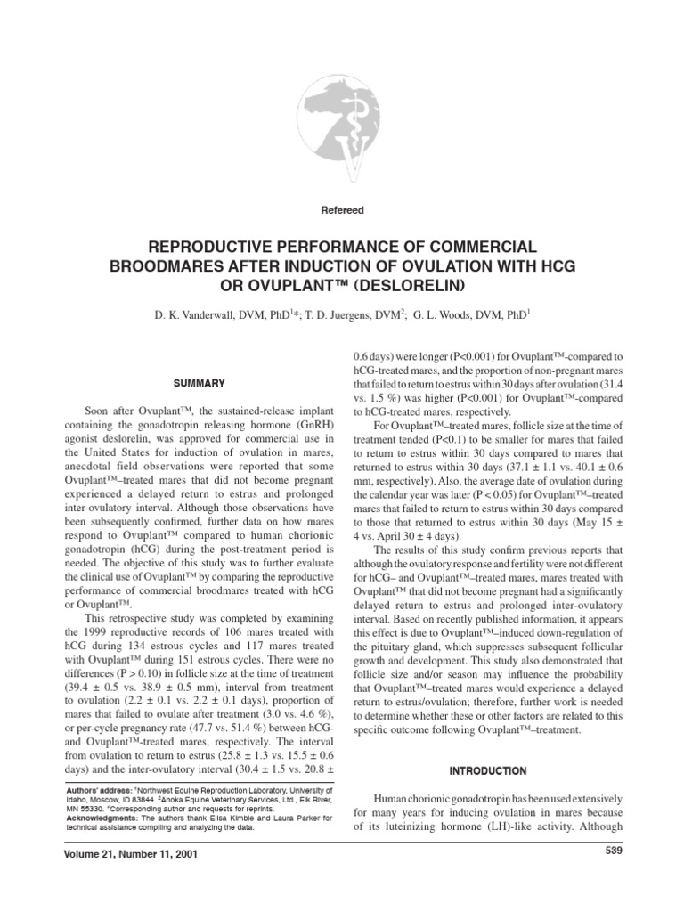 Reproductive Performance of Commercial Broodmares After Induction of Ovulation With HCG or ...