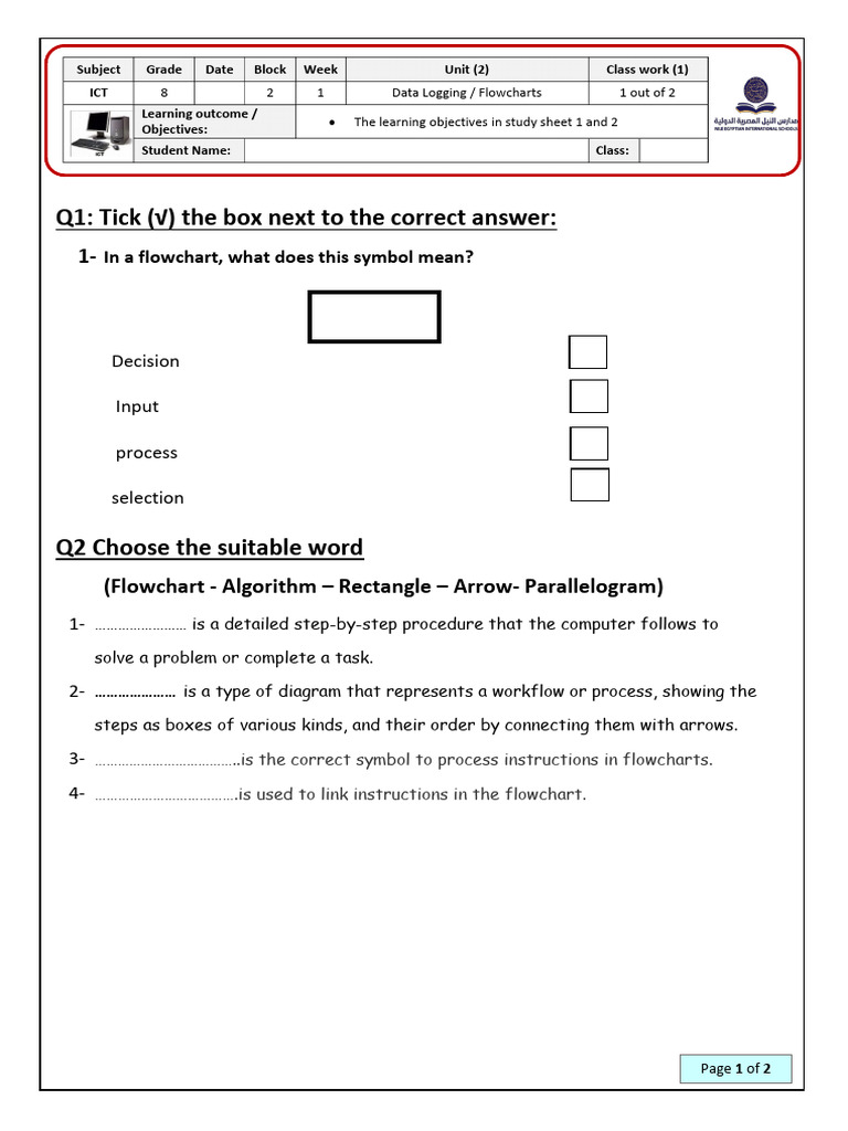 Ict G9 B2 L2 Algorithms And Flowcharts Cw Pdf 