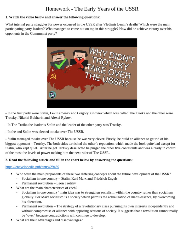 Alina Maneva - Homework - The Early Years of The USSR | PDF | Leon Trotsky | Joseph Stalin