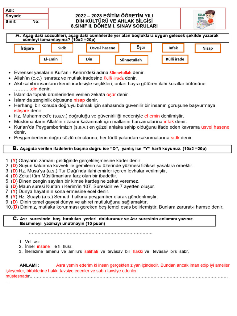 8.sinif Din Kulturu Ve Ahlak Bilgisi 2.donem 1.yazili Sinavi Sorulari Ve Cevaplari 2022 2023 | PDF