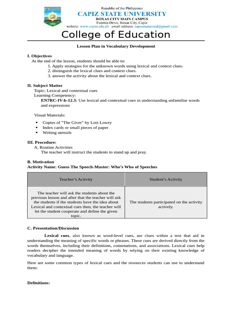 Lesson Plan Vocabulary Development | PDF | Recall (Memory) | Memory