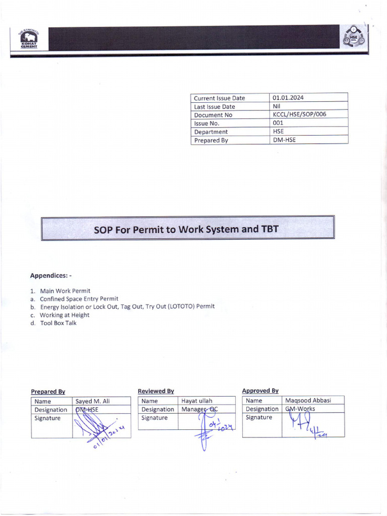 006-SOP for Permit to Work System and TBT | PDF