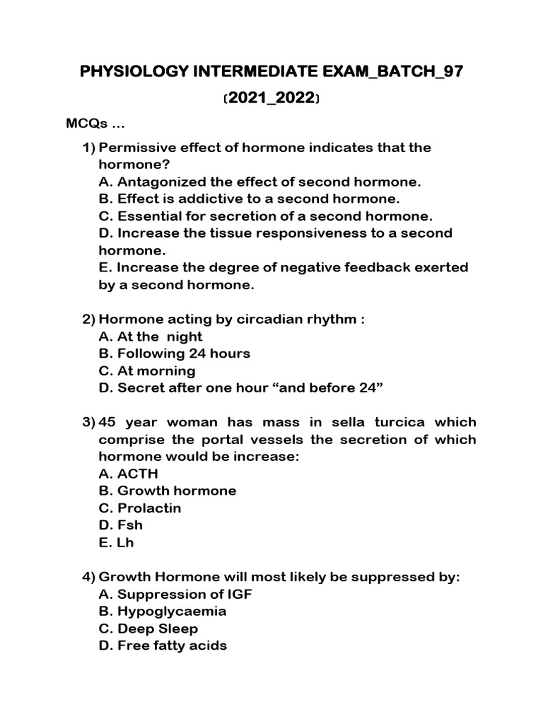 Physiology Intermediate Exam 97 | PDF | Kidney | Hormone