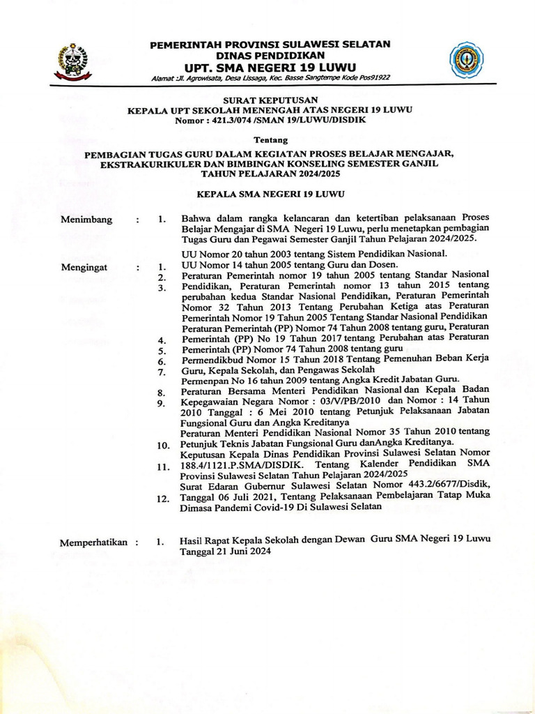 SK Pembagian Tugas Sem Ganjil 2024-2025 | PDF