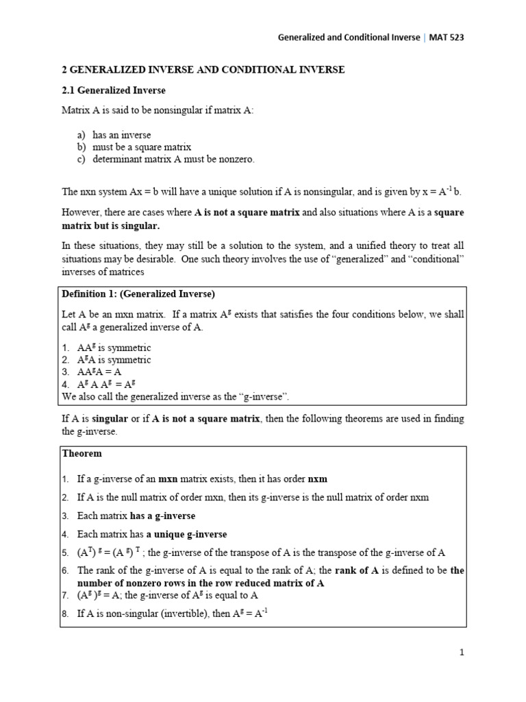 Generalized Inverse of Matrices Explained | PDF