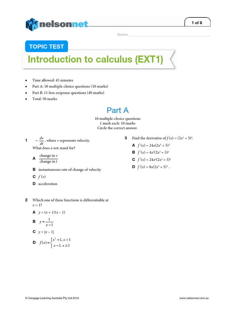 Calculus Topic Test: Multiple-Choice & Free-Response | PDF | Derivative ...