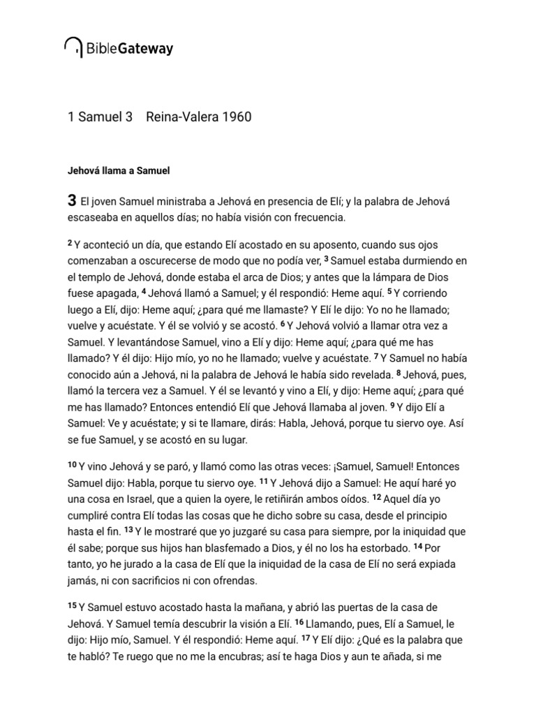1 Samuel 3 RVR1960 - Jehová Llama A Samuel | PDF | Jehová | Samuel