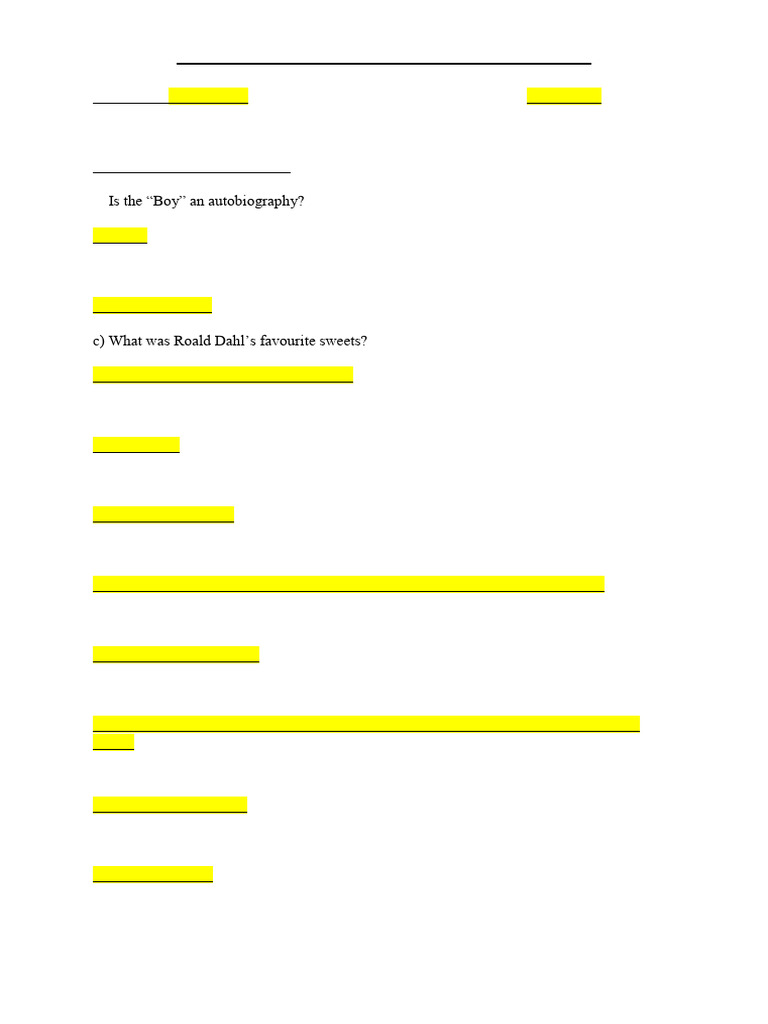 Literature (Roald Dahl) Worksheet - 7 - Answer Key | PDF