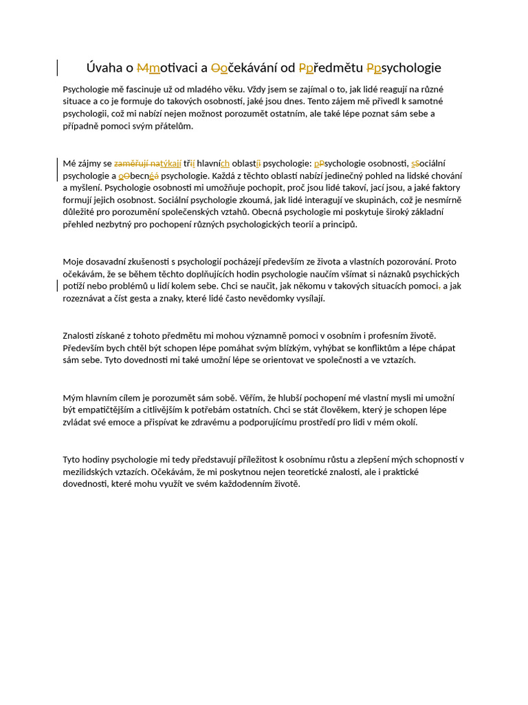 Uvaha o Motivaci a Ocekavani Od Predmetu Psychologie | PDF