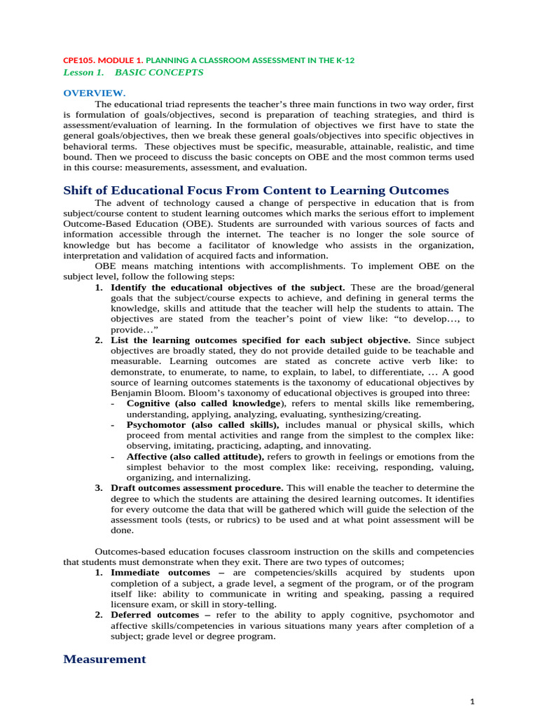 Lesson 1 Cpe105 - Assessment in Learning 1 Module 1 | PDF | Educational Assessment | Evaluation