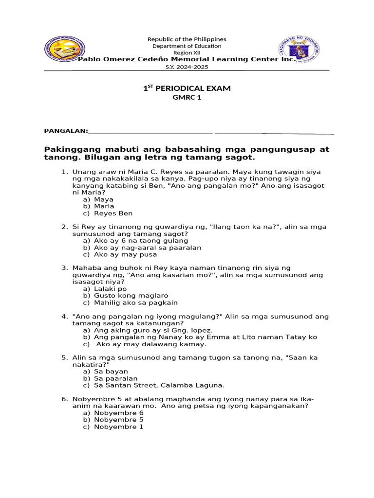 1st Periodical Exam GMRC | PDF