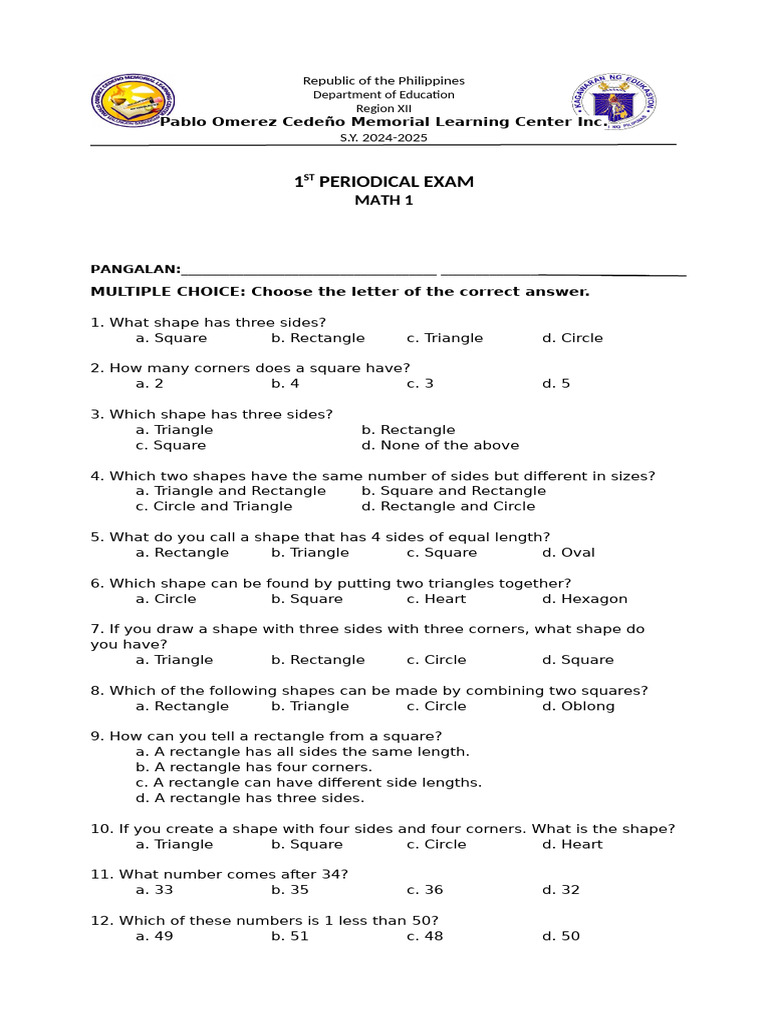 1st Periodical Exam Math | PDF | Rectangle | Triangle