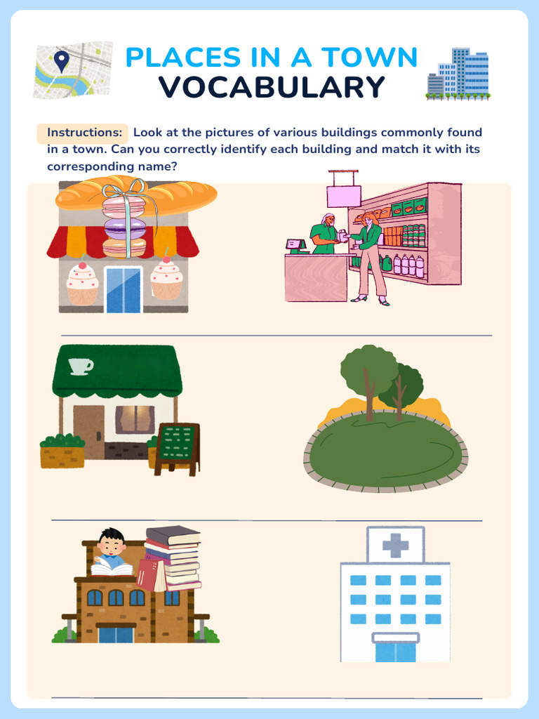 Places in A Town Vocabulary Worksheet in Colorful Cute Style | PDF