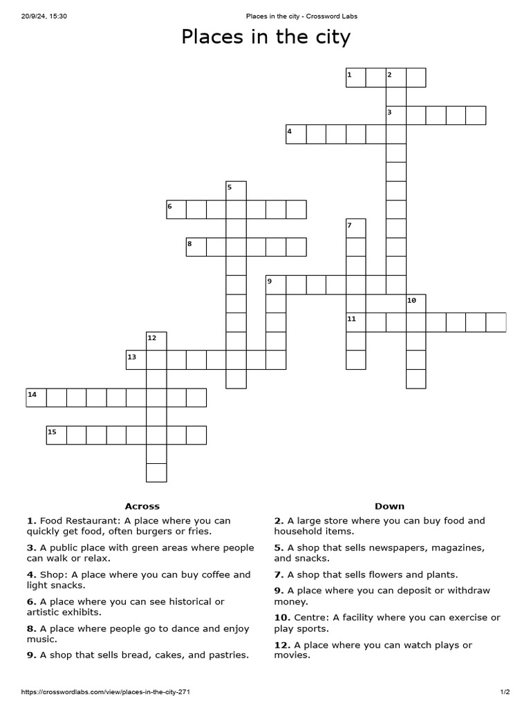 Places in The City - Crossword Labs | PDF | Cooking | Cuisine