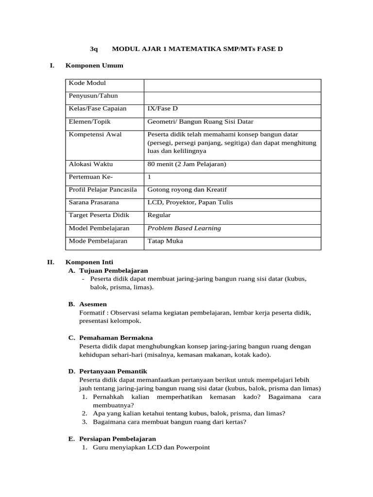 Modul Bangun Ruang Sisi Datar Kelas 8 | PDF