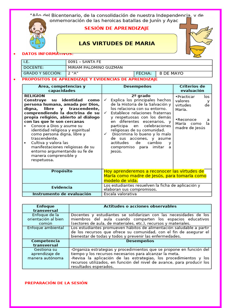 2a Religion - Religion Las Virtudes de Maria Maestras de Primaria Del Peru | PDF | María, madre ...