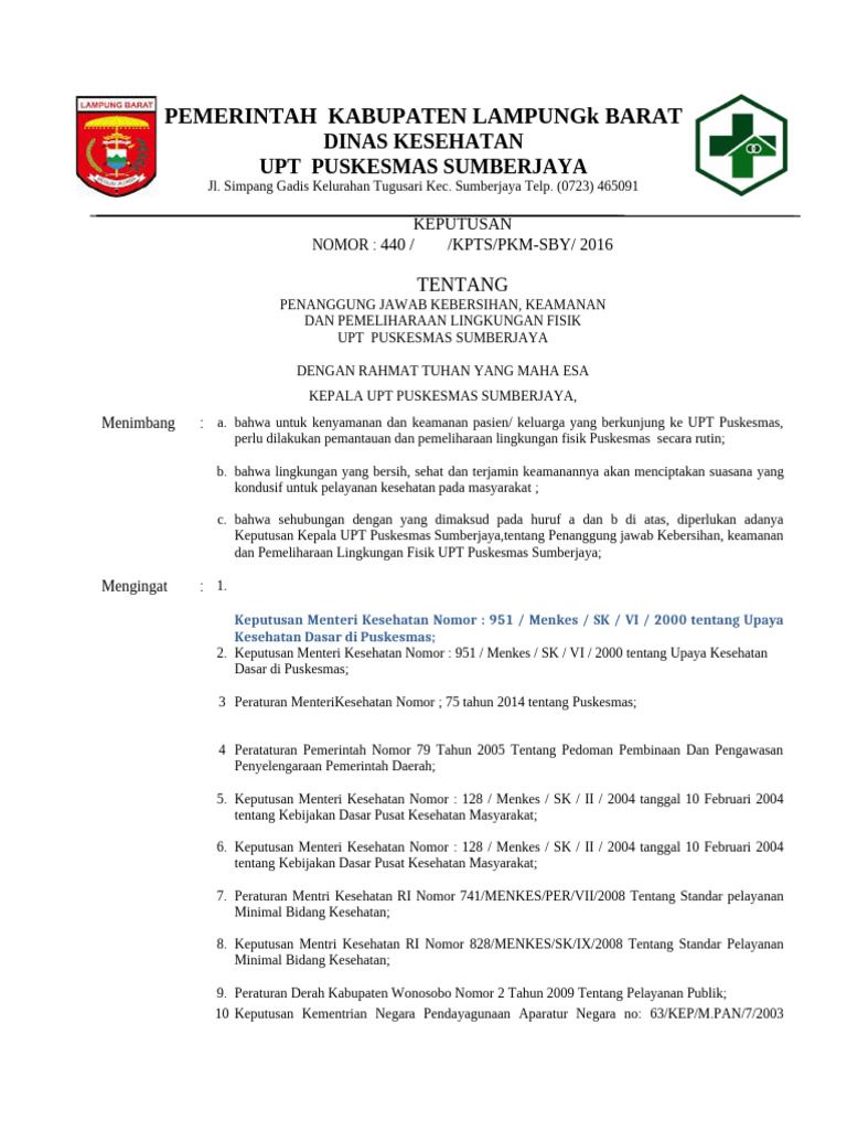 SK Penanggung Jawab Kebersihan, Keamanan Dan Lingkungan Fisik PKM | PDF