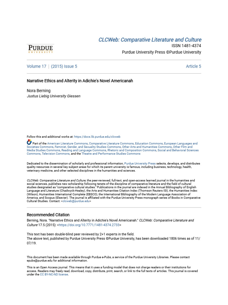 Narrative Ethics and Alterity in Adichies Novel Americanah | PDF ...
