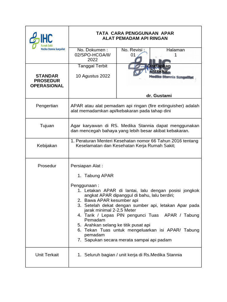 SPO Penggunaan APAR | PDF