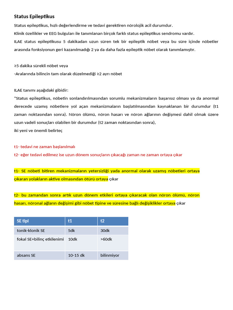 Status Epileptikus-Ders Notu & | PDF