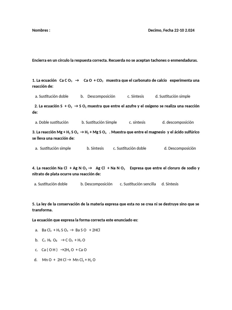 Examen Decimo Reacciones Quimicas-1 | PDF | Cobre | Calcio