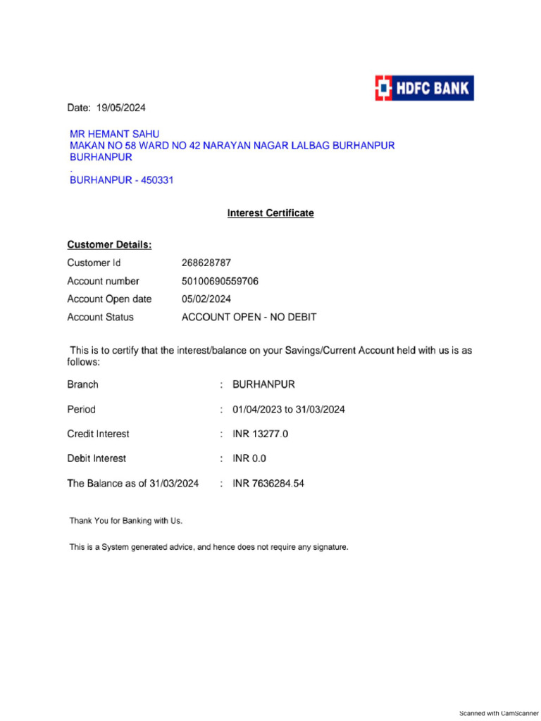 HDFC Interest Cert 23-24 | PDF