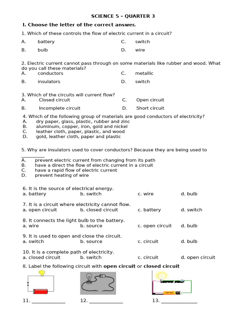 ELECTRIC CIRCUIT QUIZ | PDF | Electric Current | Switch