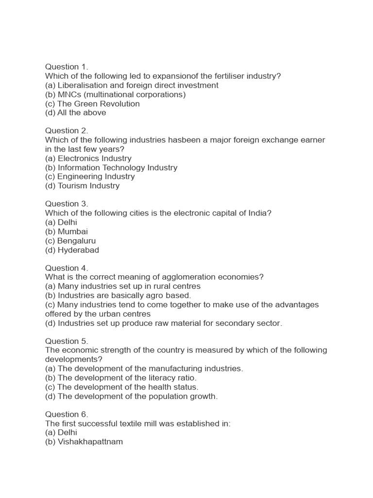 Class 10 Manufacturing Industries MCQs | PDF | Mumbai | Economies