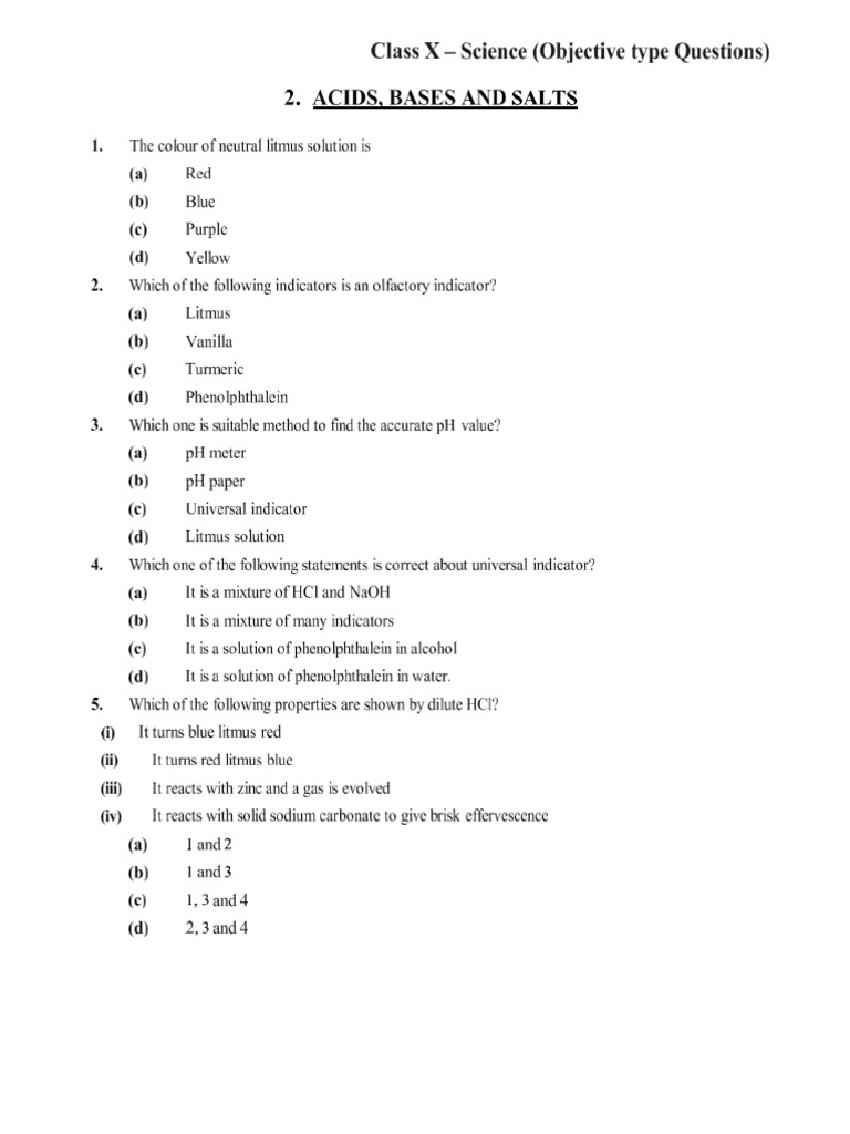 Acids Bases and salts-Worksheet-2-MCQ With Answers | PDF