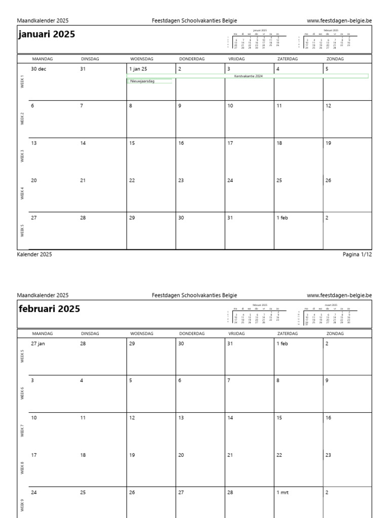 Kalender 2025 Maandkalender A4 Gratis Download Belgie Feestdagen ...